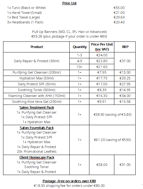 PAYG Extra's Price List